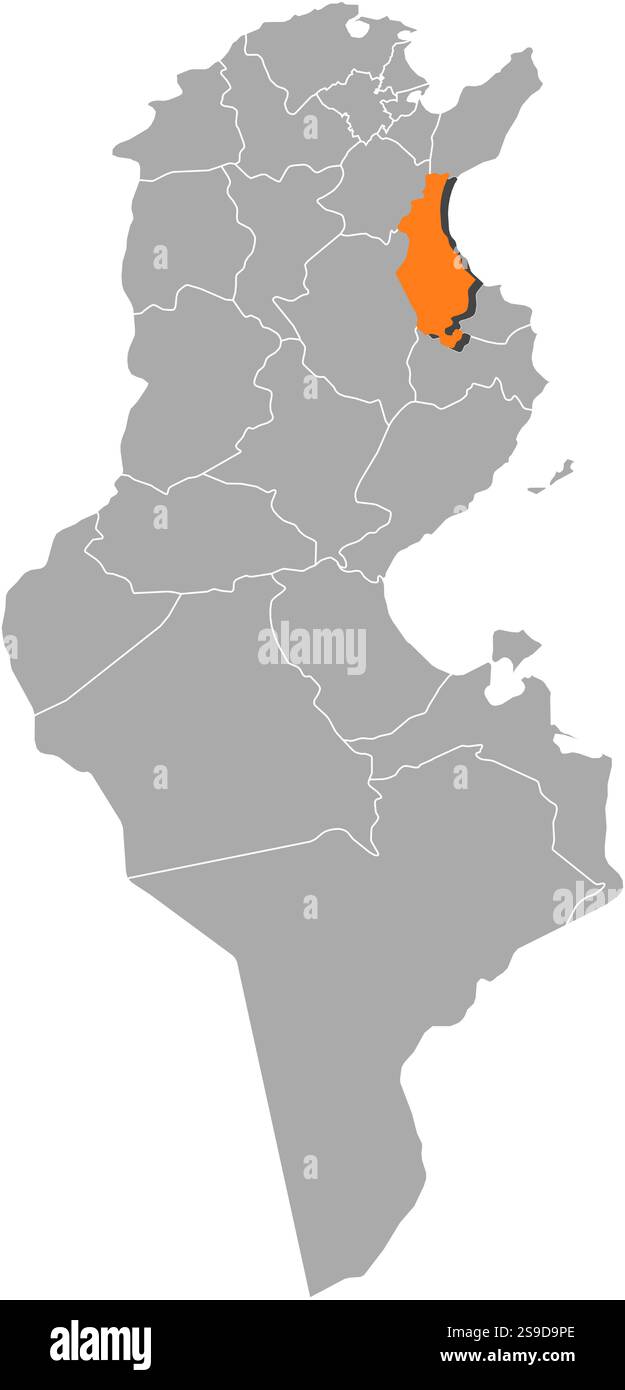 Map of Tunisia with the provinces, Sousse is highlighted by orange ...