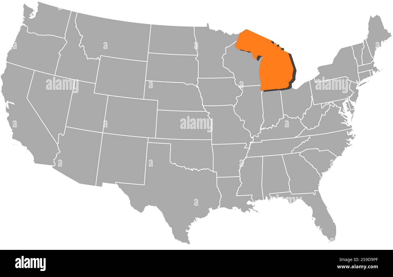 Map of United States with the provinces, Michigan is highlighted by ...