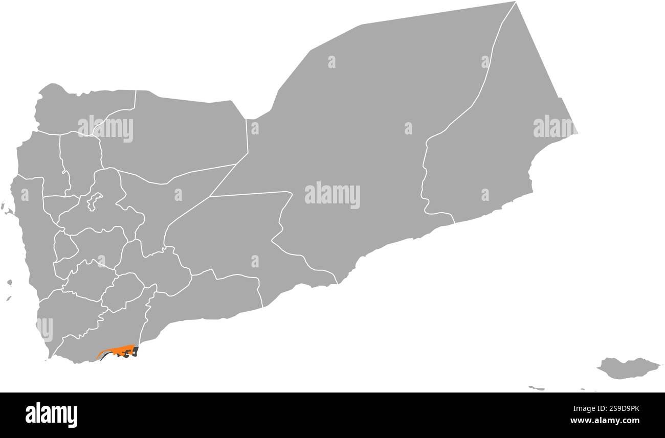 Map of Yemen with the provinces, Adan is highlighted by orange Stock ...