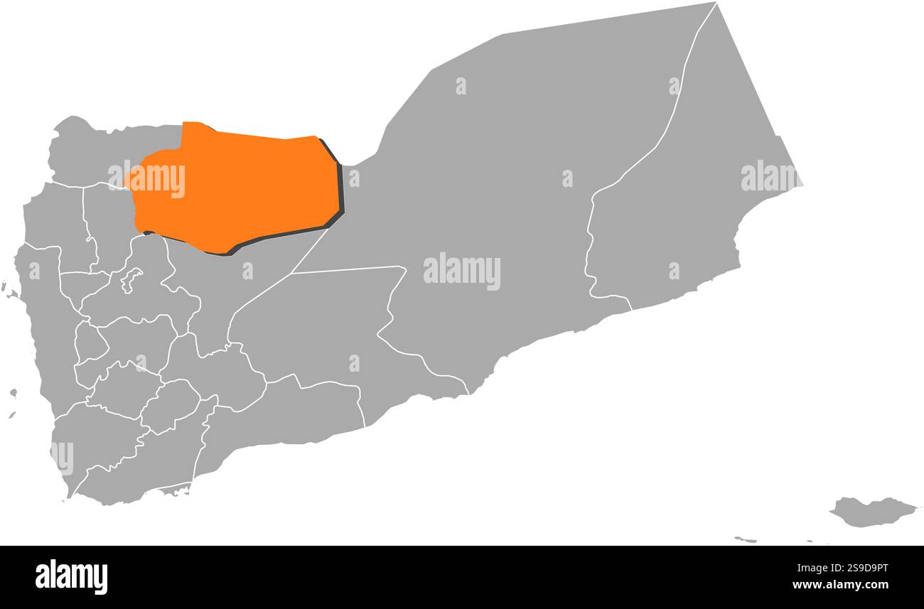 Map of Yemen with the provinces, Al Jawf is highlighted by orange Stock ...