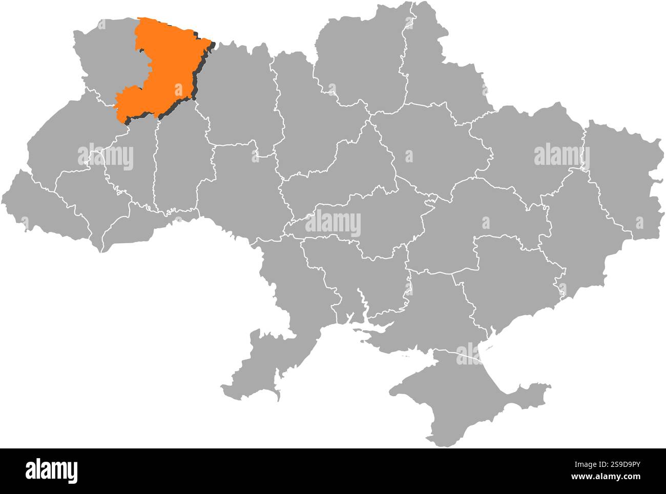 Map of Ukraine with the provinces, Rivne is highlighted by orange Stock ...