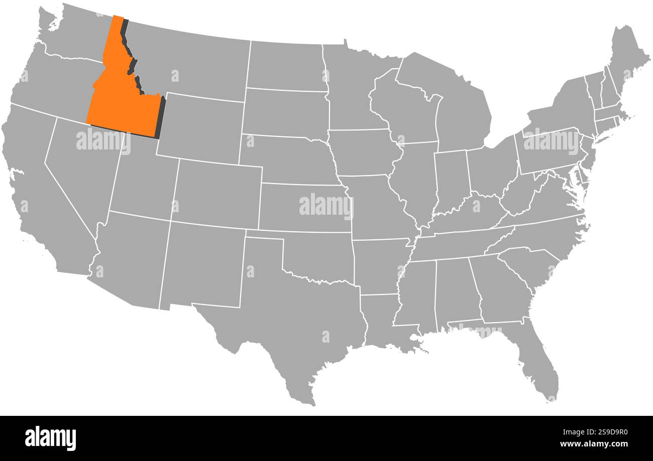 Map of United States with the provinces, Idaho is highlighted by orange ...