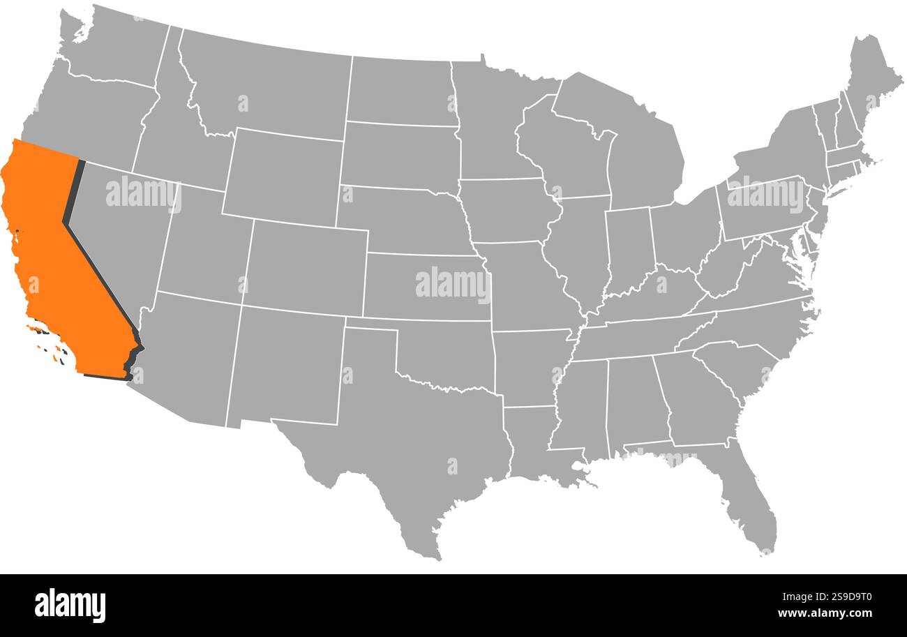 Map of United States with the provinces, California is highlighted by ...