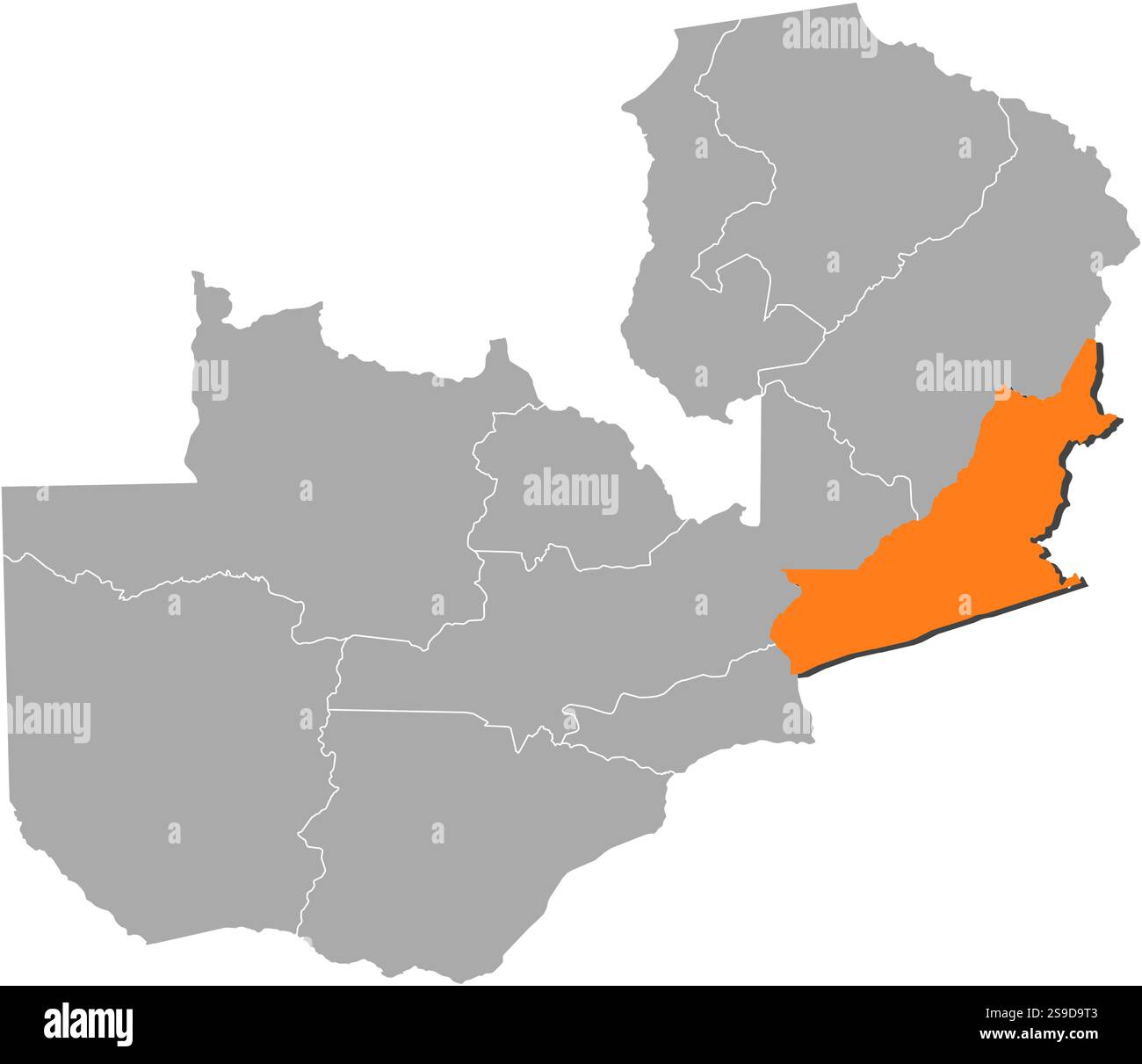Map of Zambia with the provinces, Eastern is highlighted by orange ...
