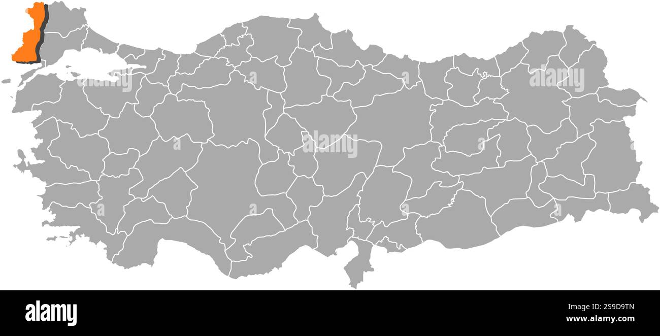 Map of Turkey with the provinces, Edirne is highlighted by orange Stock ...