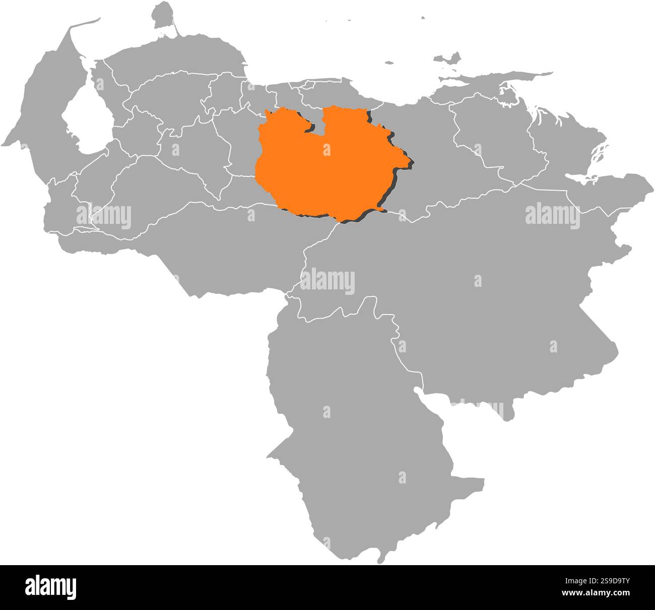 Map of Venezuela with the provinces, Guarico is highlighted by orange ...