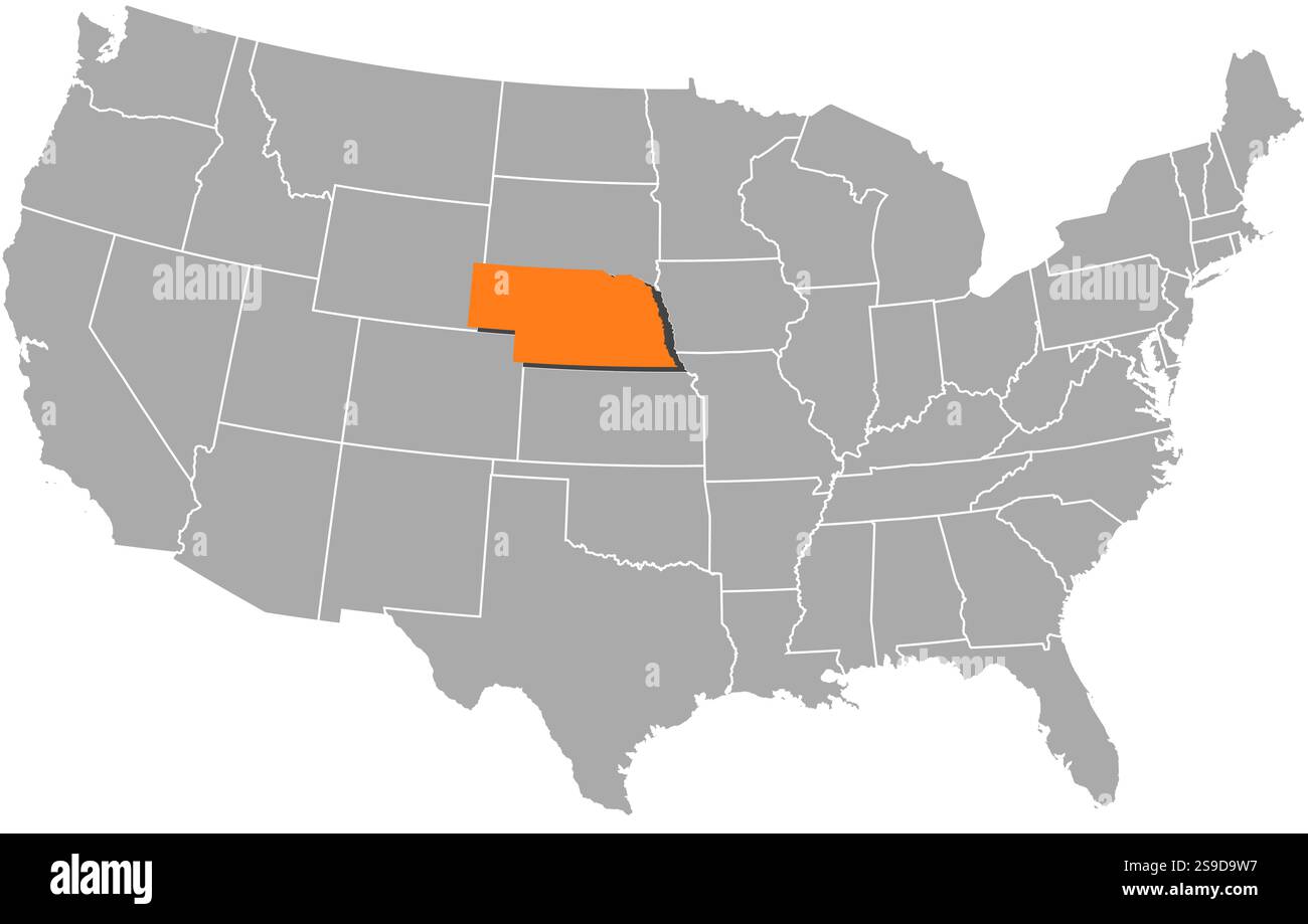Map of United States with the provinces, Nebraska is highlighted by ...