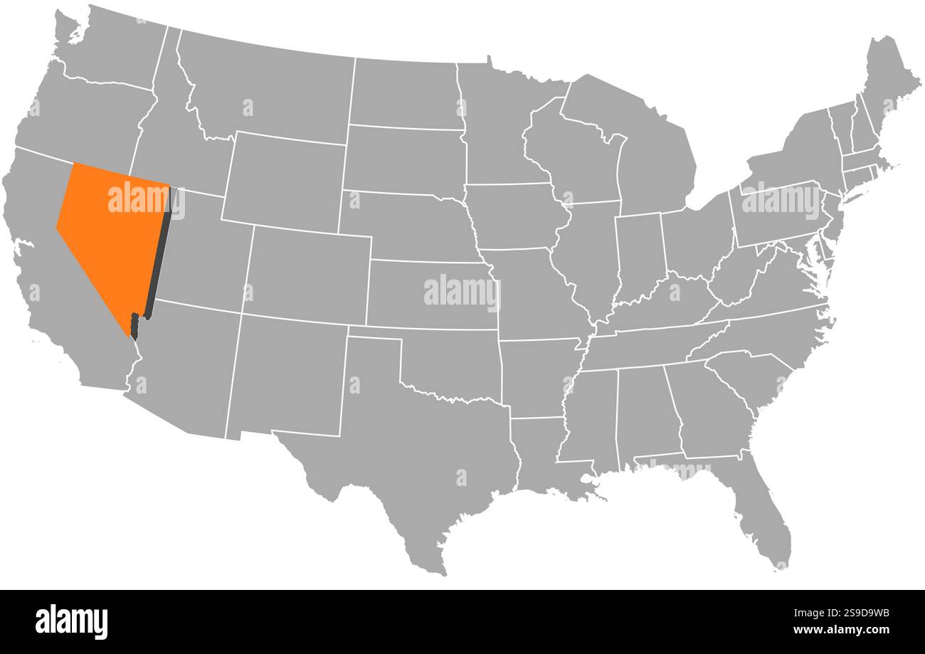 Map of United States with the provinces, Nevada is highlighted by ...