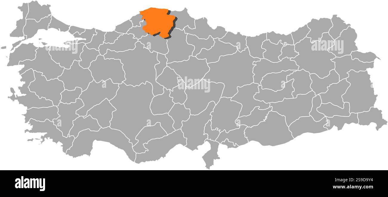 Map of Turkey with the provinces, Kastamonu is highlighted by orange ...