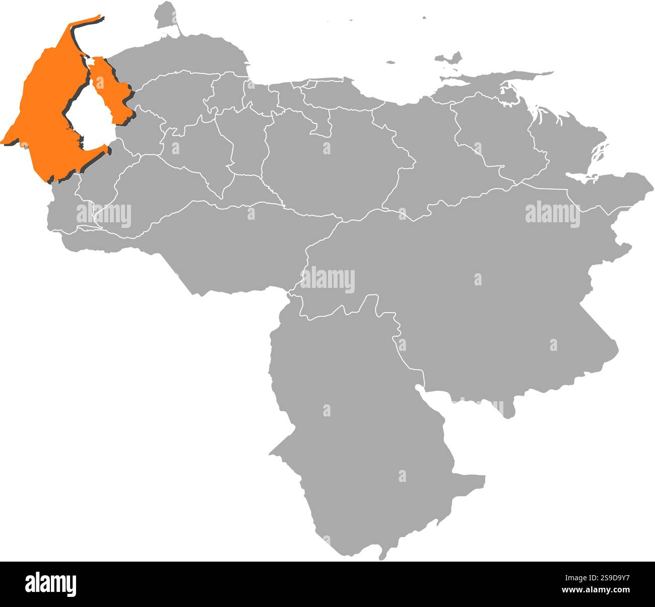 Map of Venezuela with the provinces, Zulia is highlighted by orange ...