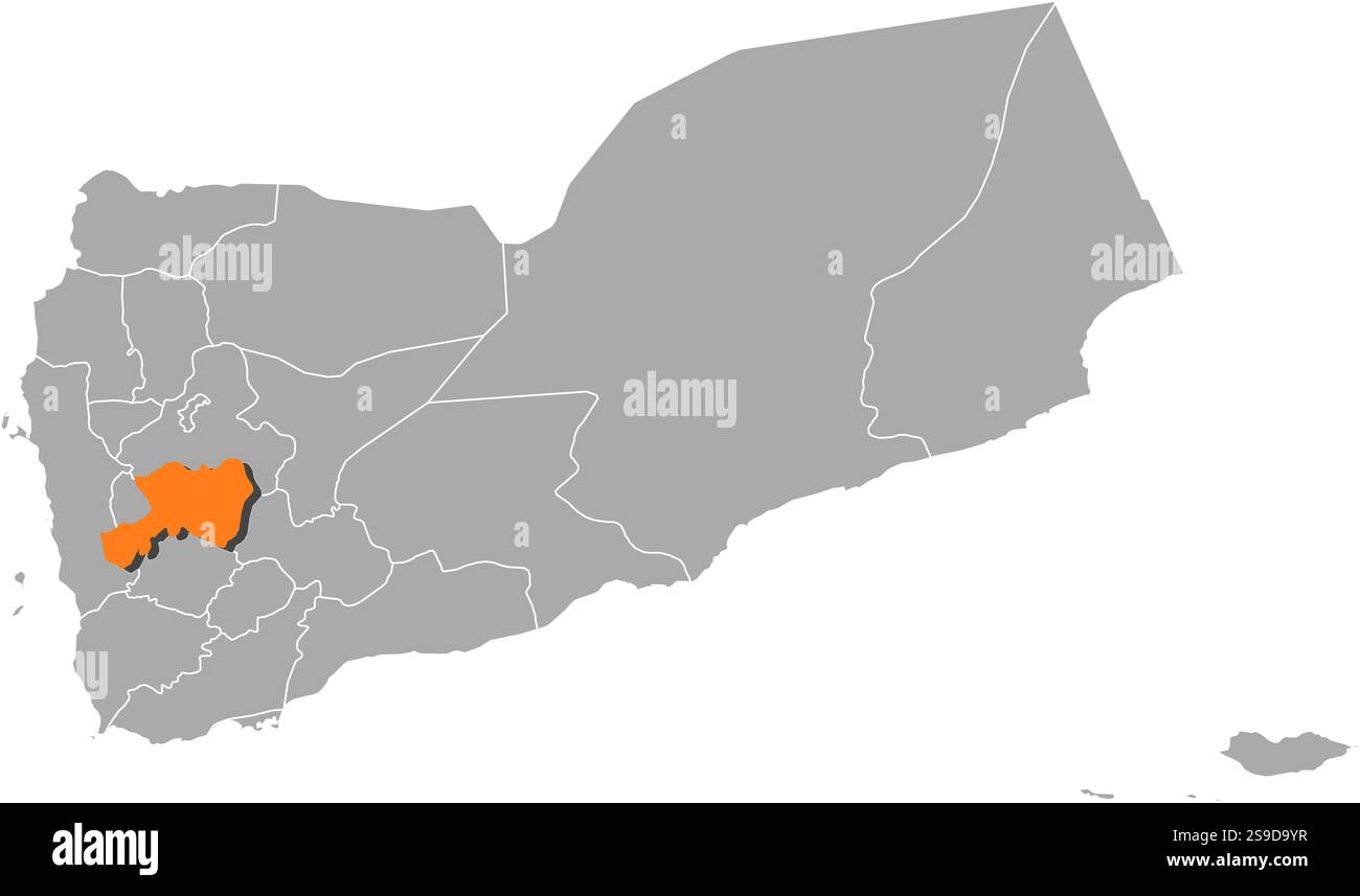 Map of Yemen with the provinces, Dhamar is highlighted by orange Stock ...