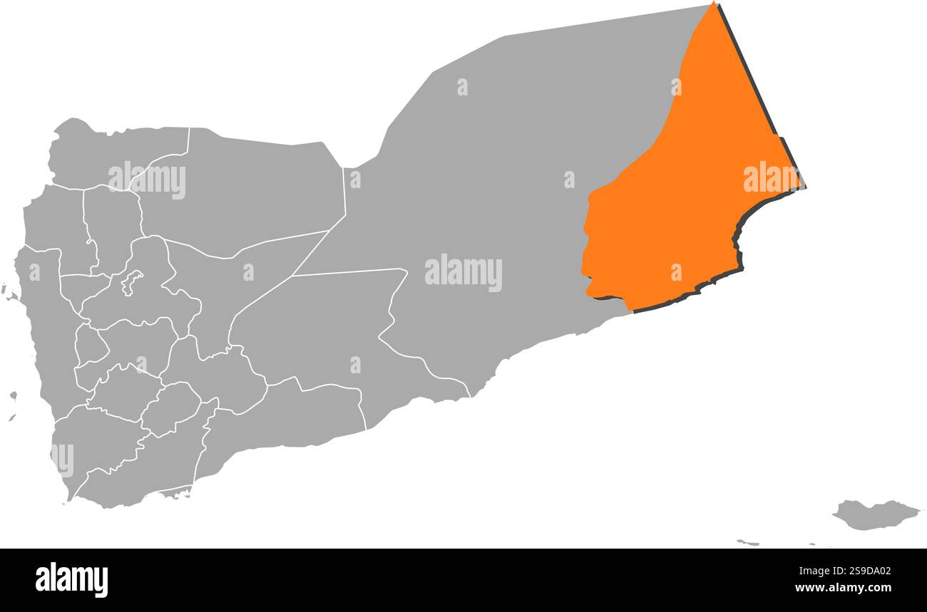 Map of Yemen with the provinces, Al Mahrah is highlighted by orange ...