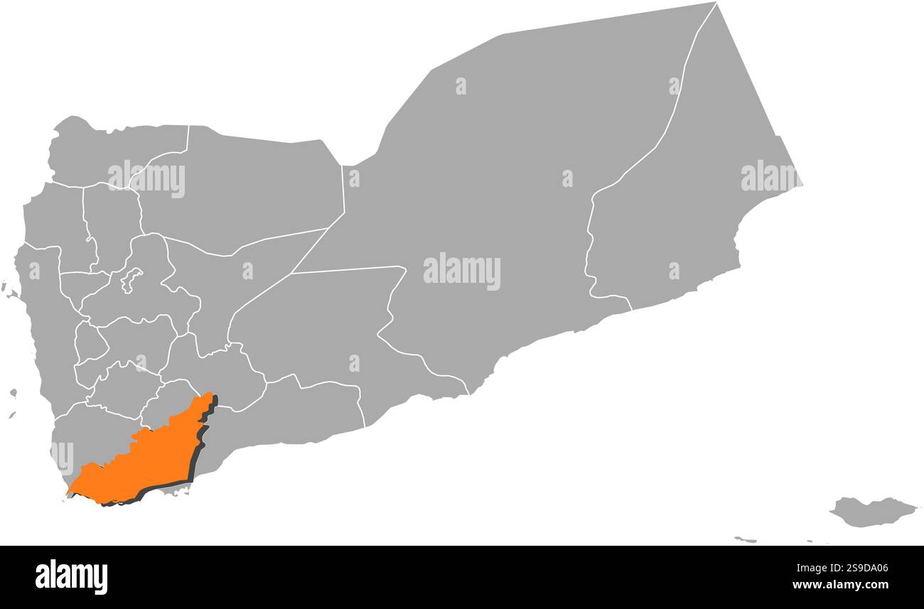 Map of Yemen with the provinces, Lahij is highlighted by orange Stock ...