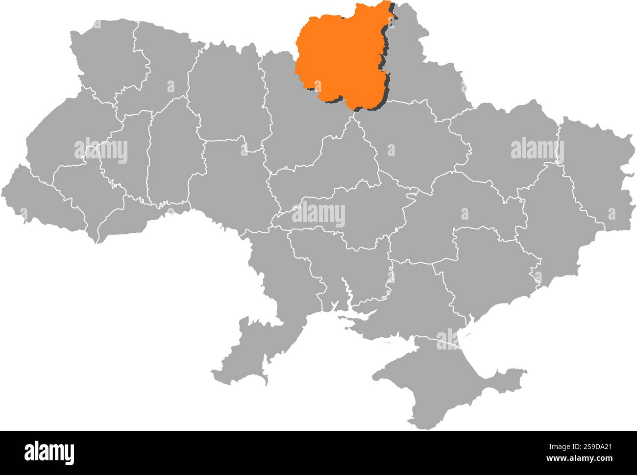Map of Ukraine with the provinces, Chernihiv is highlighted by orange ...