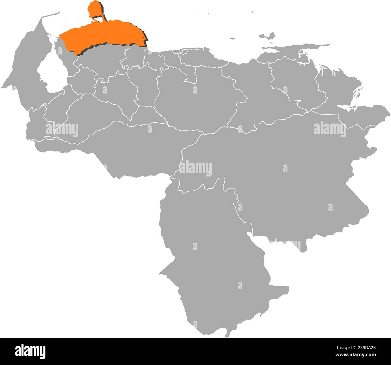 Map of Venezuela with the provinces, Falcon is highlighted by orange ...