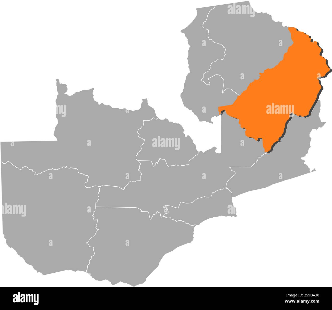 Map of Zambia with the provinces, Muchinga is highlighted by orange ...