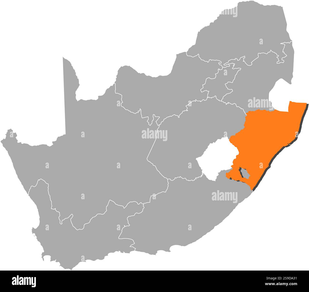 Map of South Africa with the provinces, KwaZulu-Natal is highlighted by ...