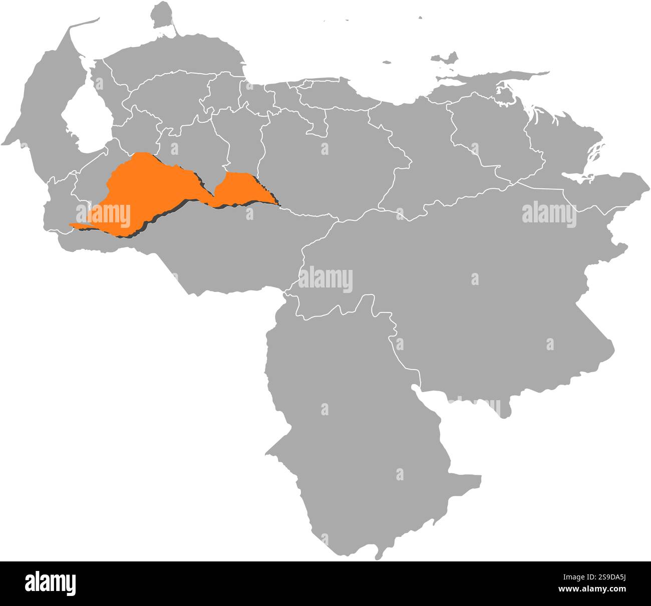 Map of Venezuela with the provinces, Barinas is highlighted by orange ...