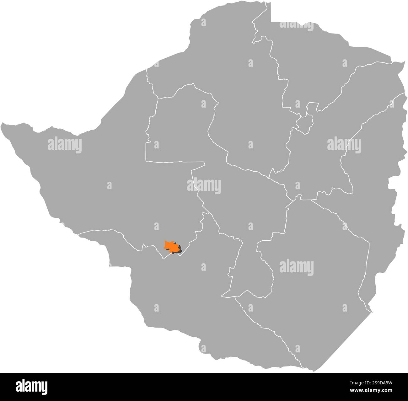 Map of Zimbabwe with the provinces, Bulawayo is highlighted by orange ...