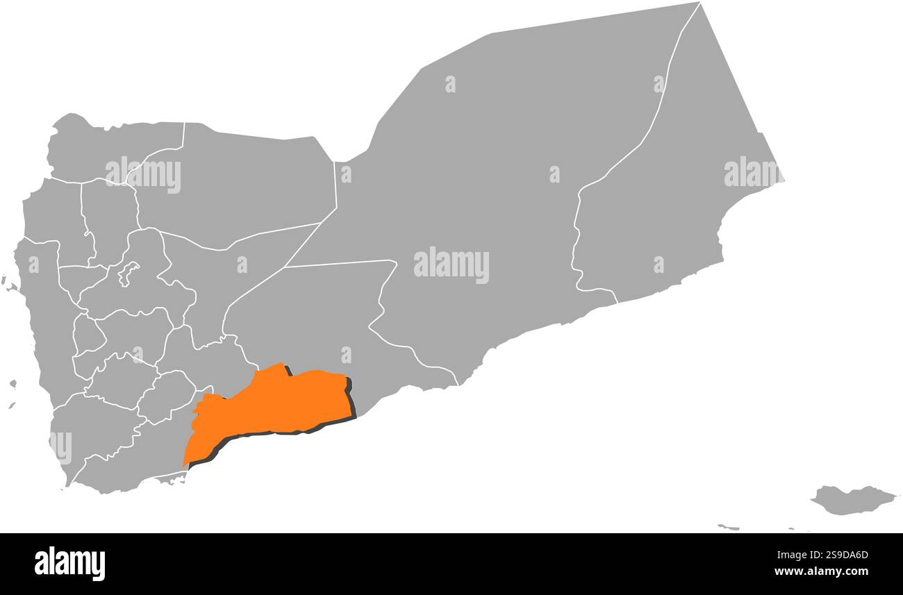 Map of Yemen with the provinces, Abyan is highlighted by orange Stock ...