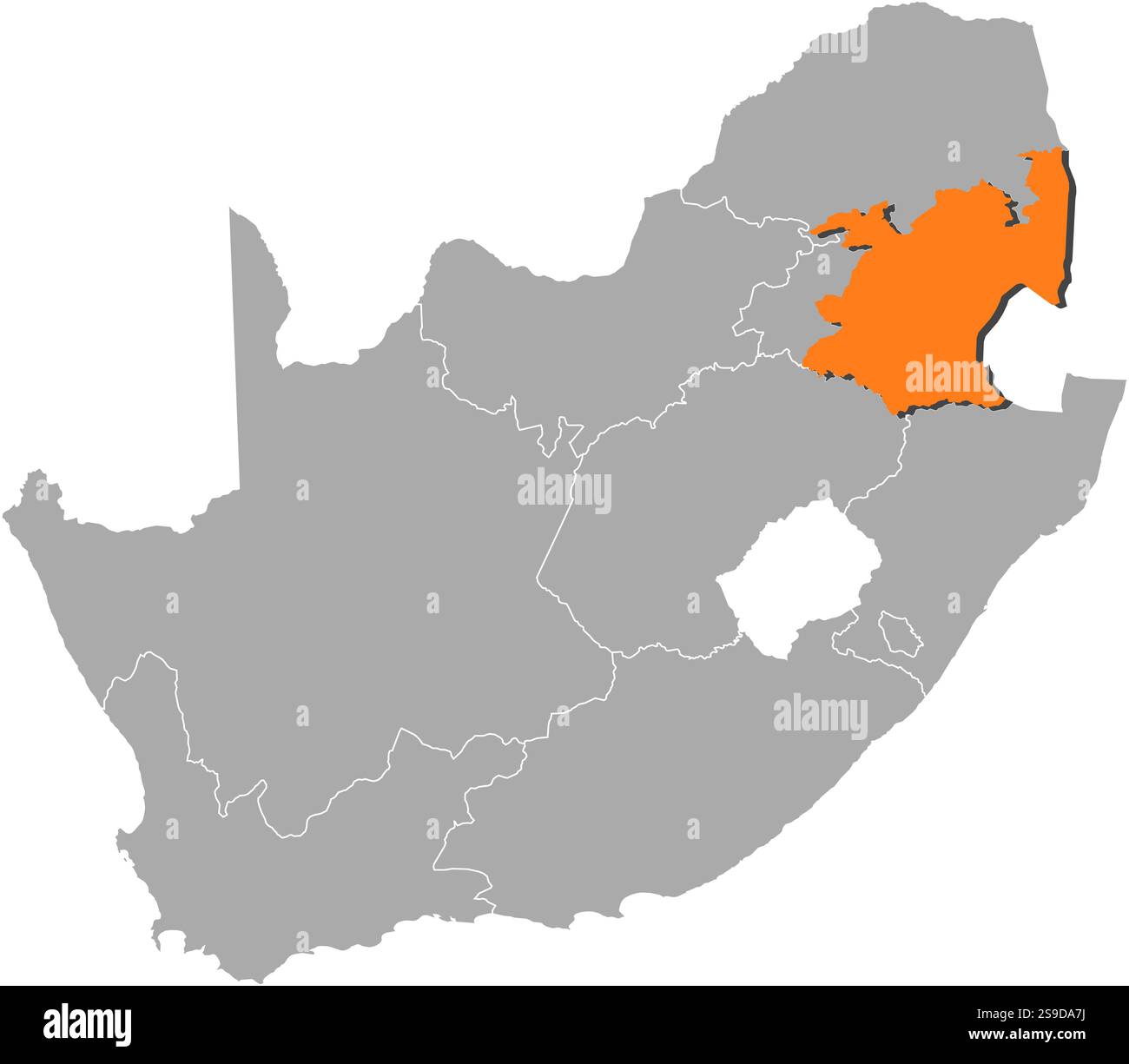 Map of South Africa with the provinces, Mpumalanga is highlighted by ...
