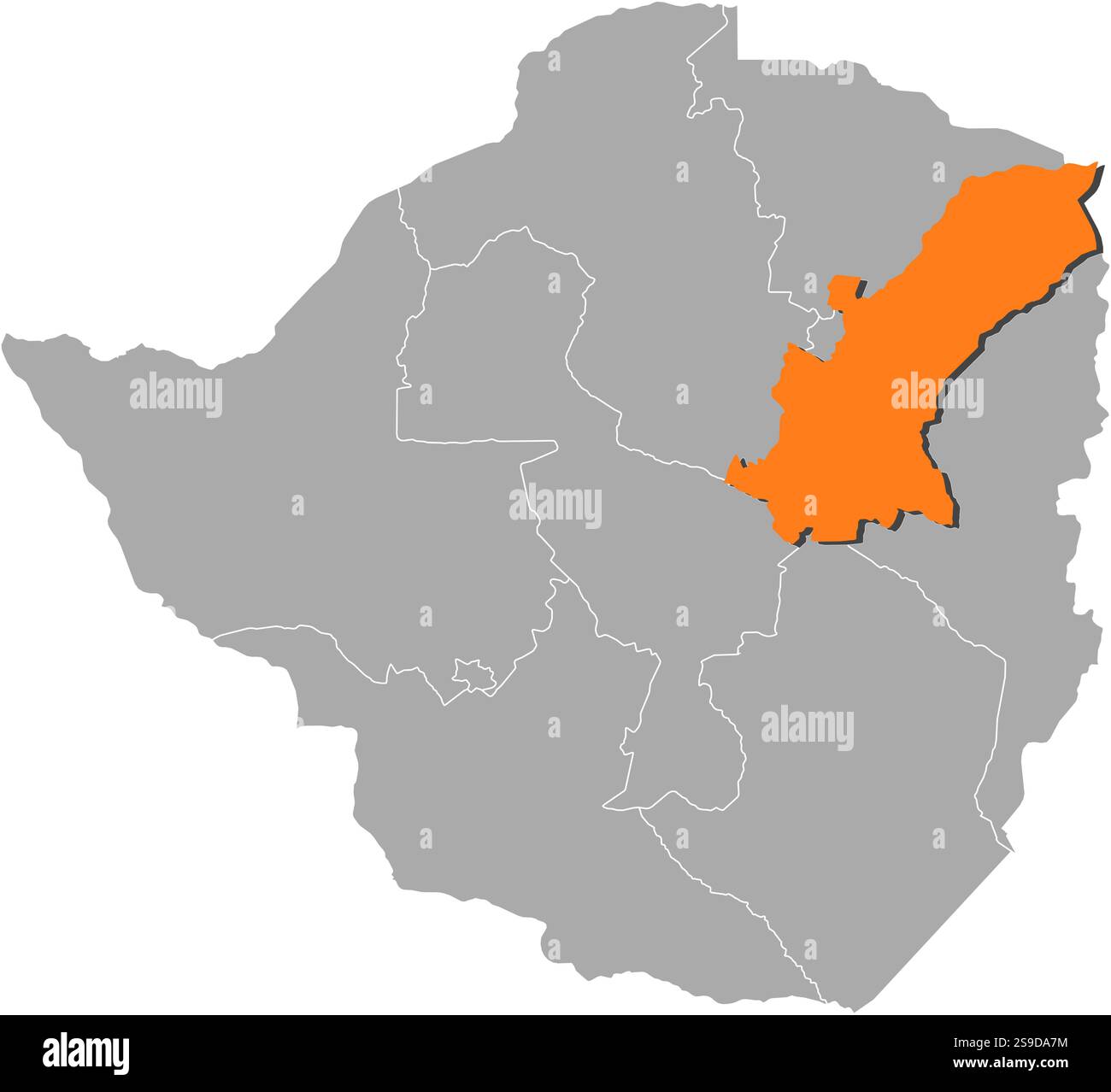 Map of Zimbabwe with the provinces, Mashonaland East is highlighted by ...