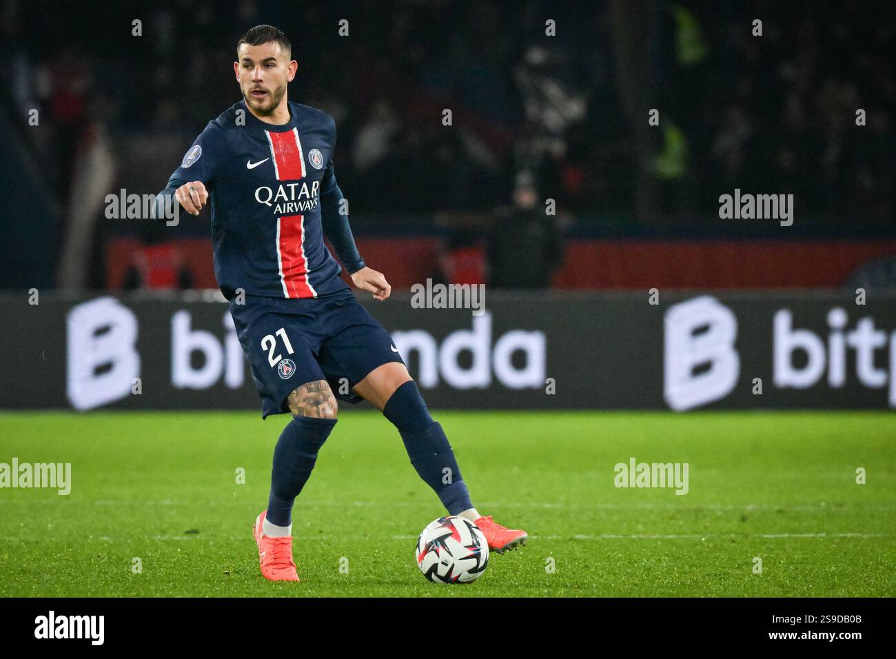 Paris Saint-Germain’s defender Lucas Hernandez controls the ball during ...