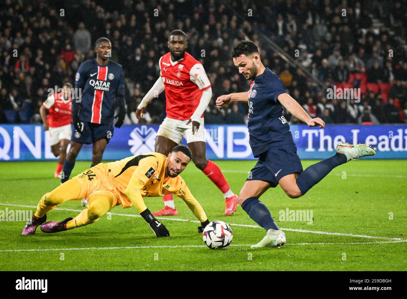 Paris Saint-Germain’s forward Goncalo Ramos kicks the ball during the French L1 football match ...