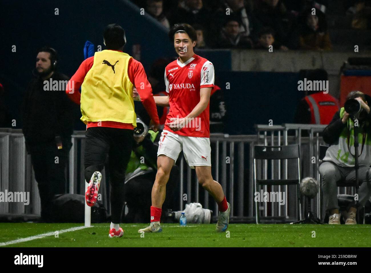 Stade de Reims’ Keito Nakamura celebrates scoring a goal during the ...