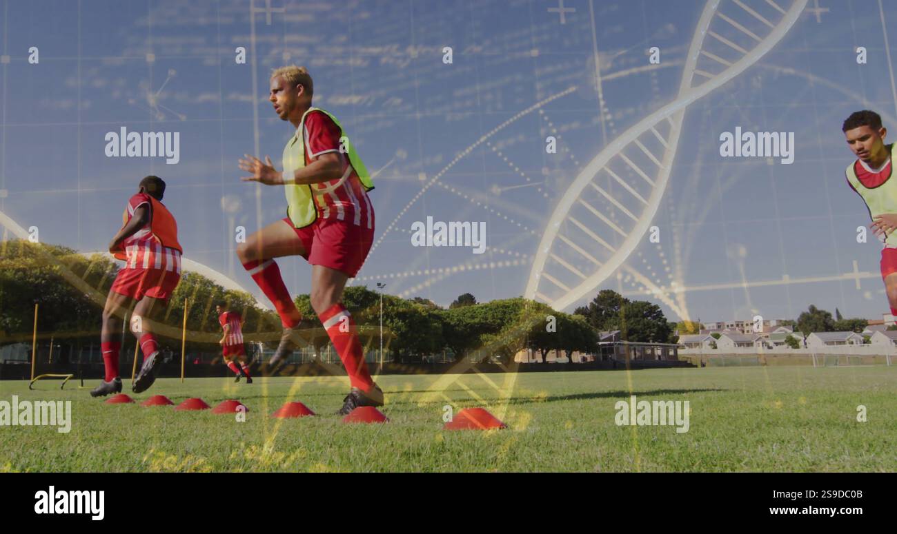 DNA strand and scientific data image over soccer players training on ...