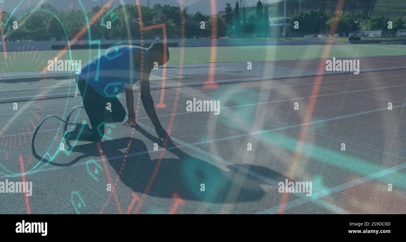 Runner preparing to start race over data processing image on track ...