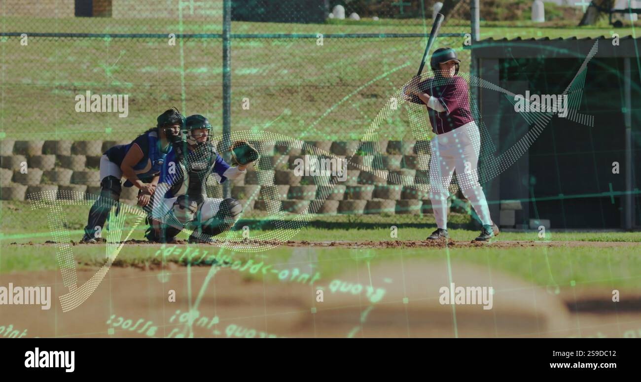 Baseball players in action with data processing image over scene Stock ...