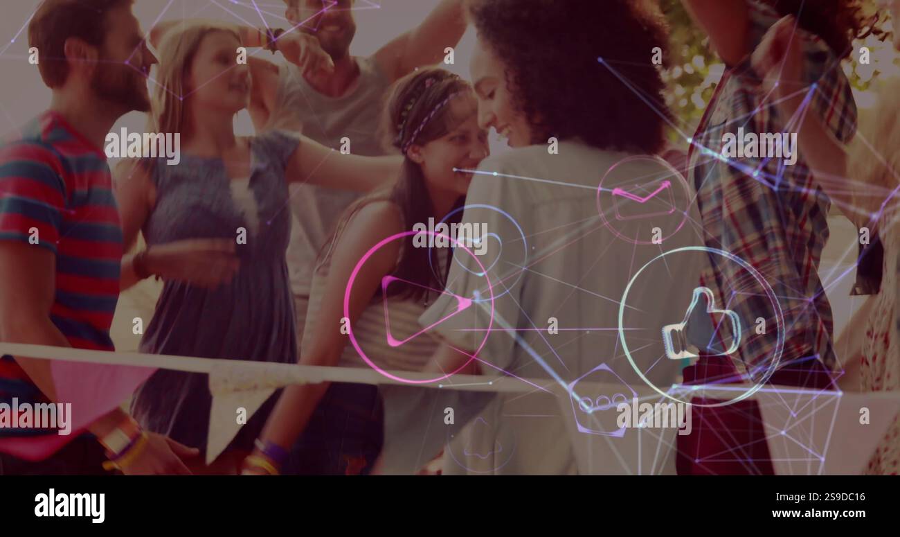 Dancing people at outdoor event with social media interaction image ...