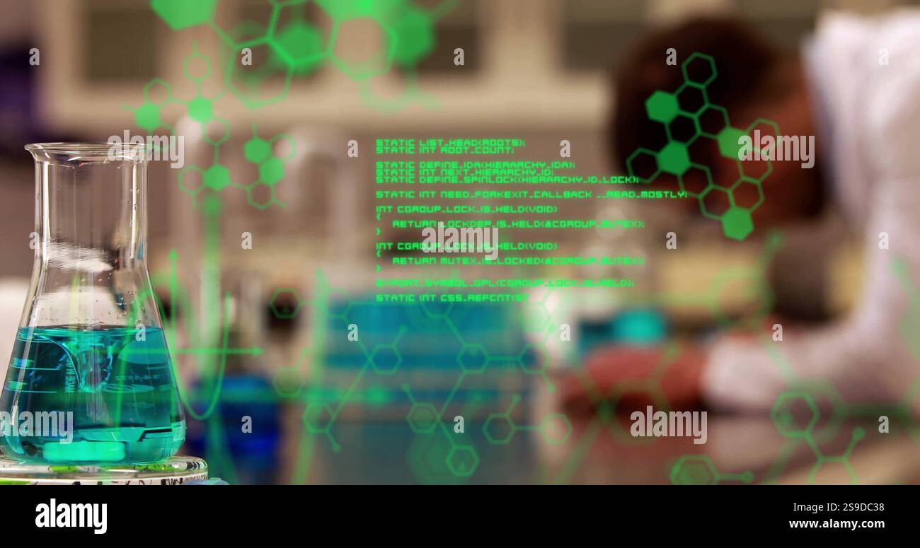 Chemical formulas and molecular structures image over scientist working ...