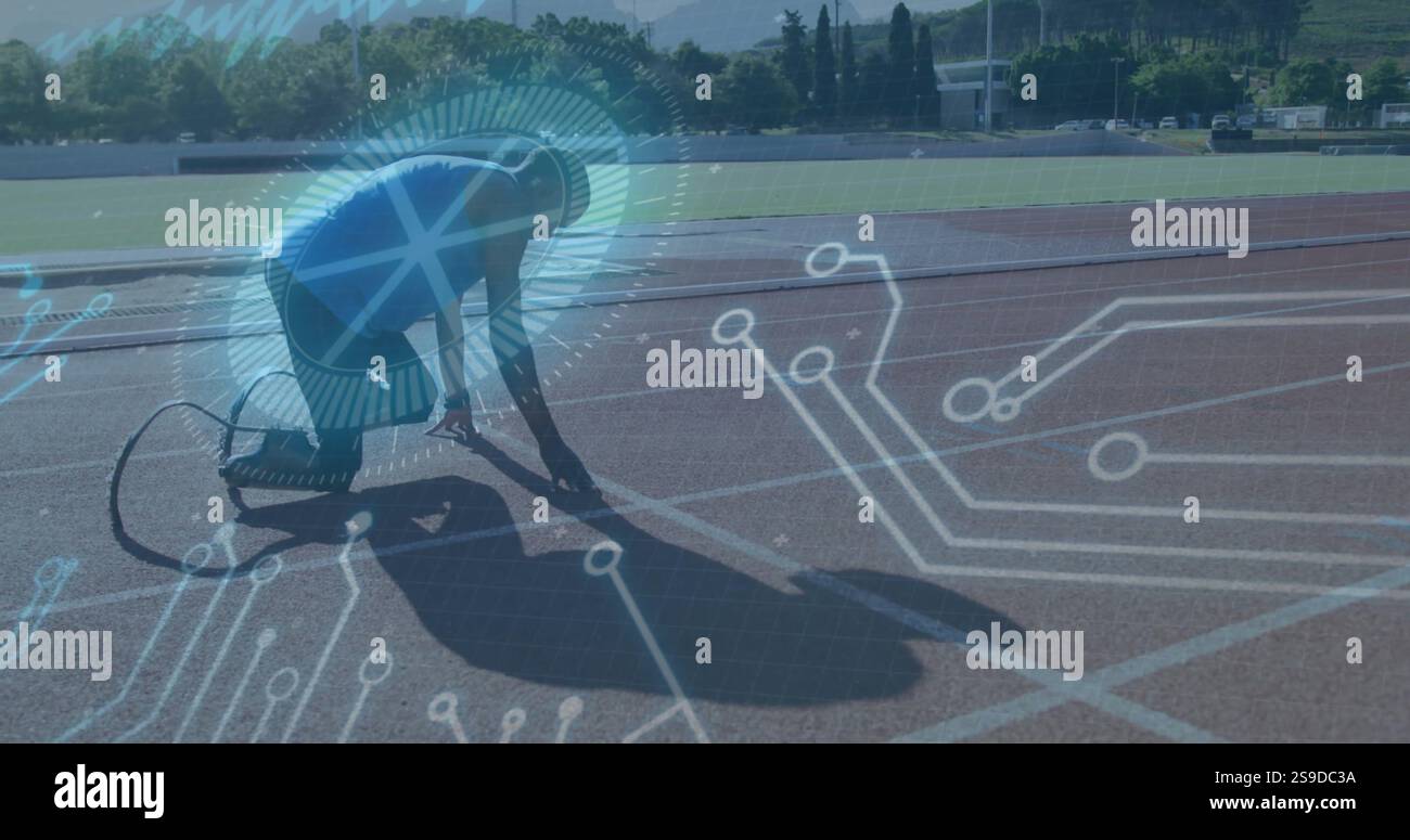 Circuit board and data processing image over athlete preparing to run ...