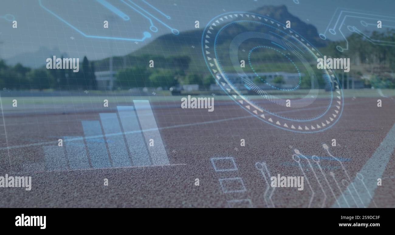 Digital interface elements and data processing image over outdoor running track Stock Photo - Alamy