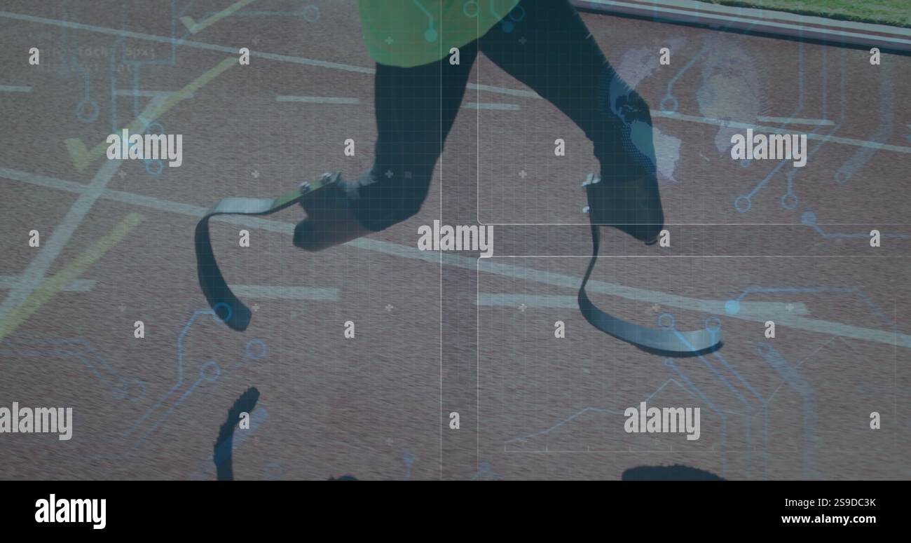 Running on track, athlete with prosthetic legs, technology image ...