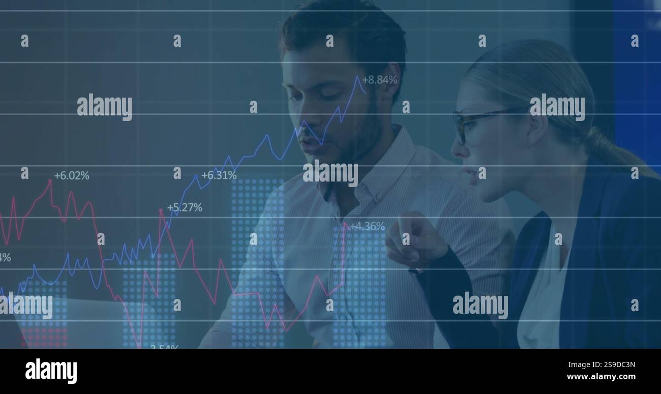 Analyzing financial data, business professionals with stock market ...
