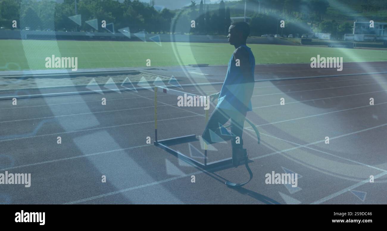 Athlete with prosthetic leg on track, training image over geometric ...