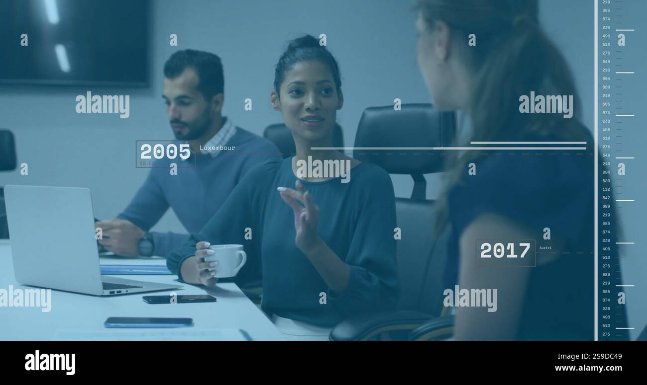 Timeline image over business meeting with diverse professionals in ...