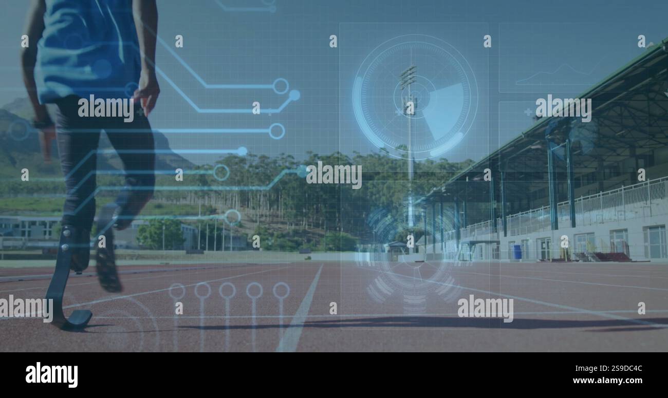 Running athlete on track with digital circuit and data analysis image ...