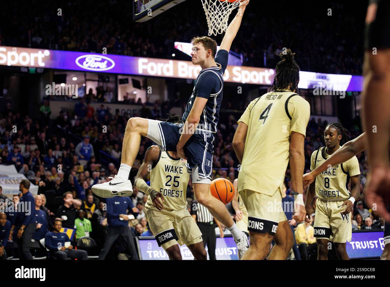 Duke's Cooper Flagg dunks during the second half of an NCAA college basketball game against Wake ...