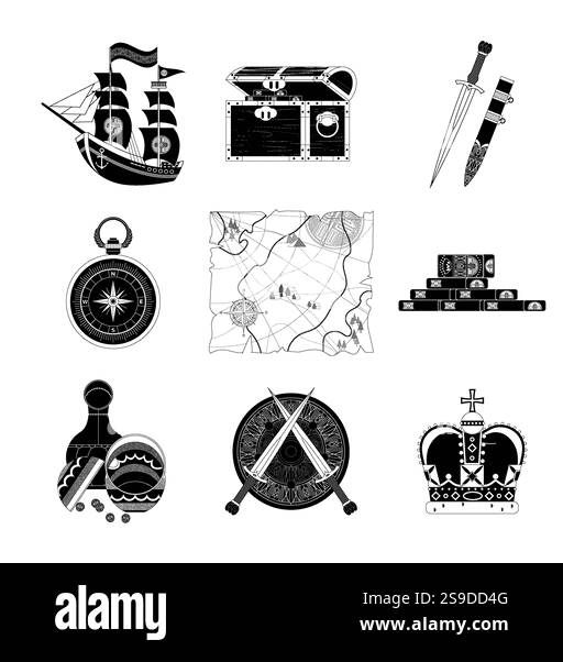 Collection of Treasure Map and Treasure Hunt Design Elements.monochrome ...