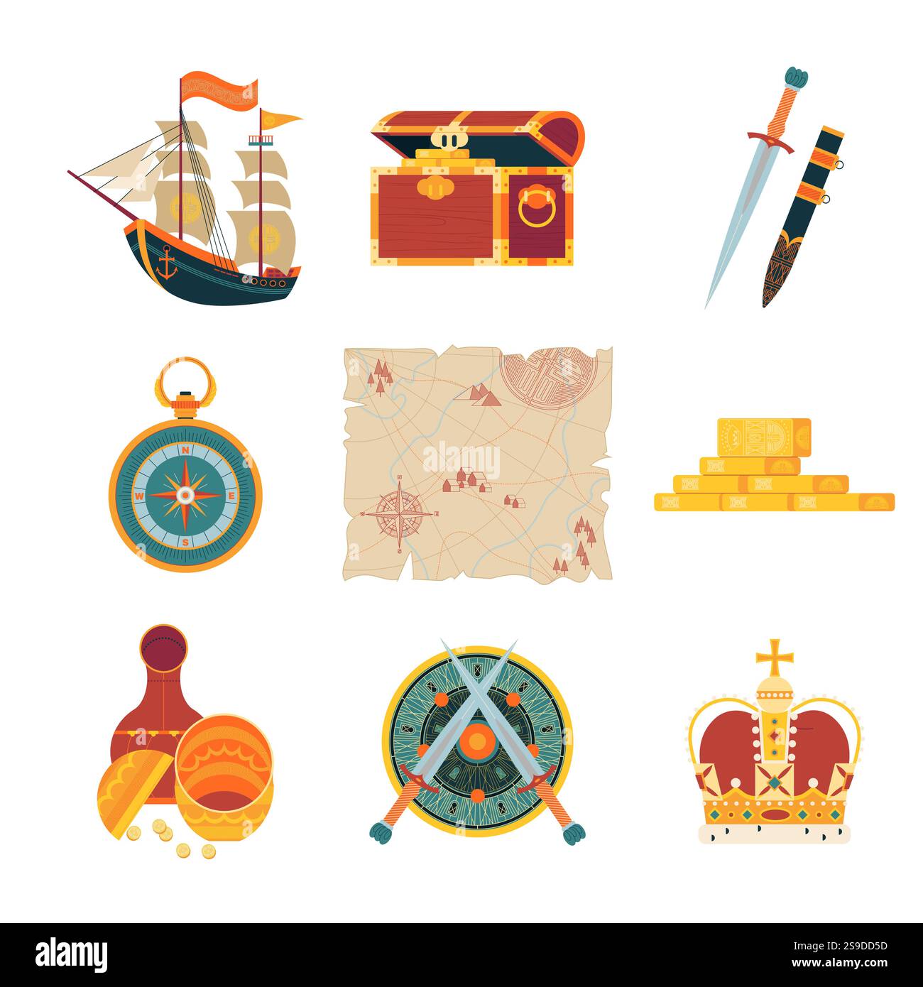 Collection of Treasure Map and Treasure Hunt Design Elements Stock ...