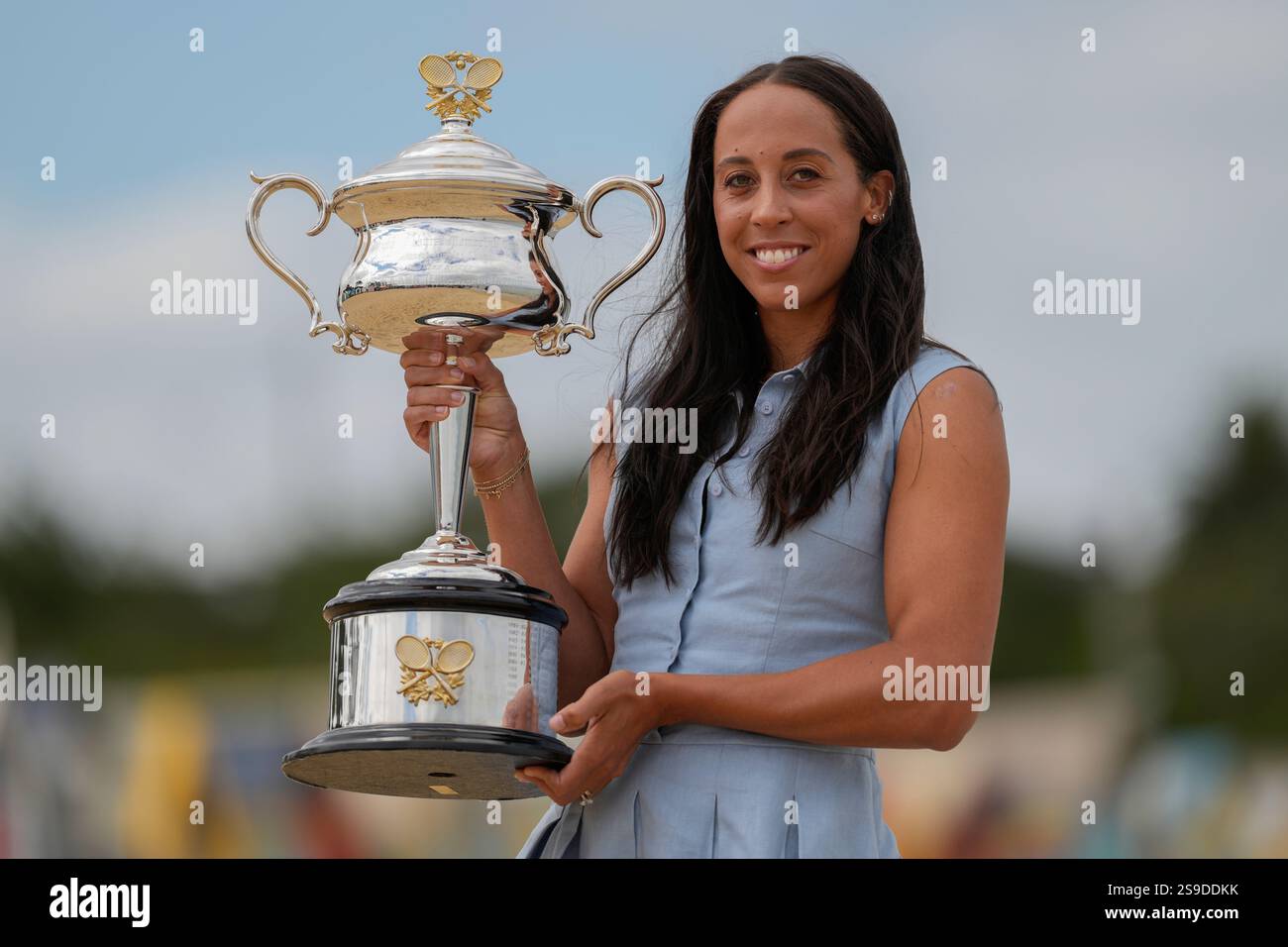 Madison Keys of the U.S. holds the Daphne Akhurst Memorial Cup at ...