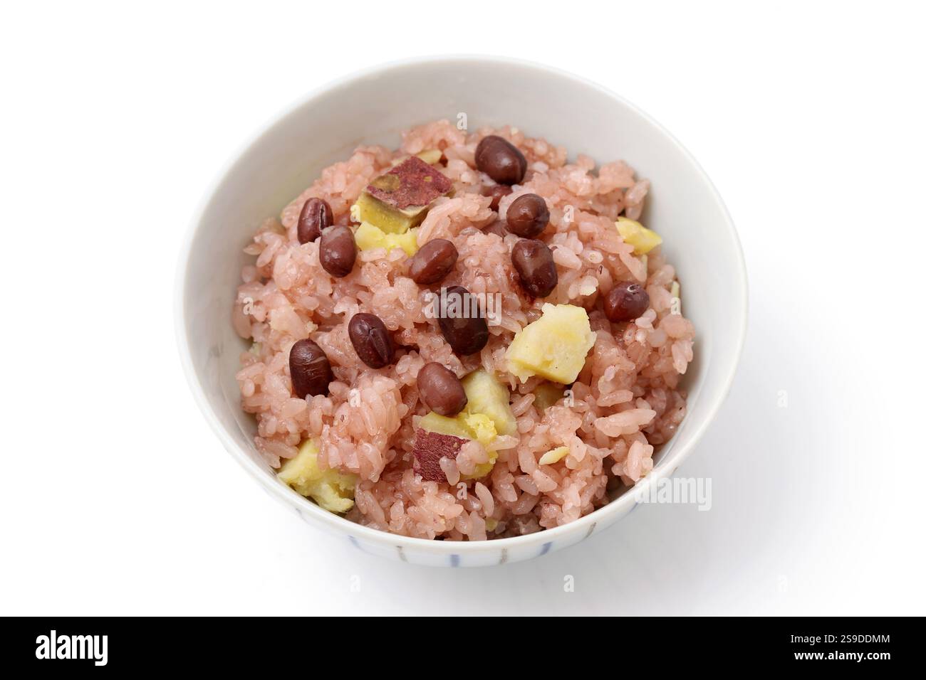 Japanese cooked okowa or sekihan rice with red beans in a bowl on white ...
