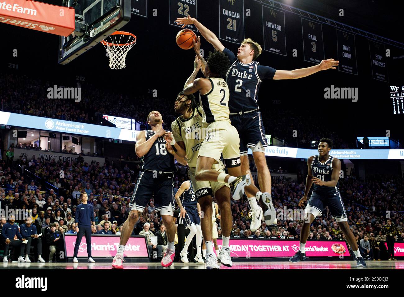 Duke's Cooper Flagg, right, blocks the shot of Wake Forest's Juke ...
