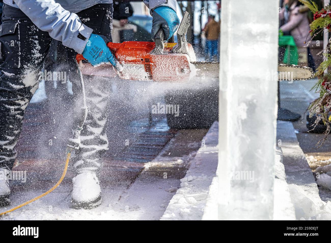 Ice sculptor artists give an ice carving demonstration - Ice Sculpture ...