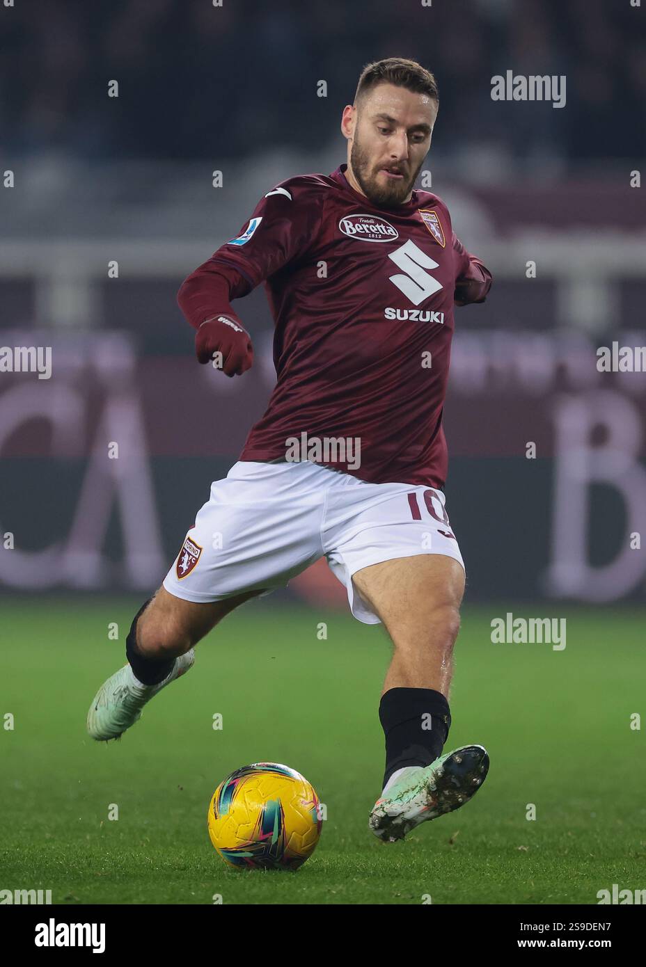 Turin, Italy, 24th January 2025. Nikola Vlasic of Torino FC lines up a ...