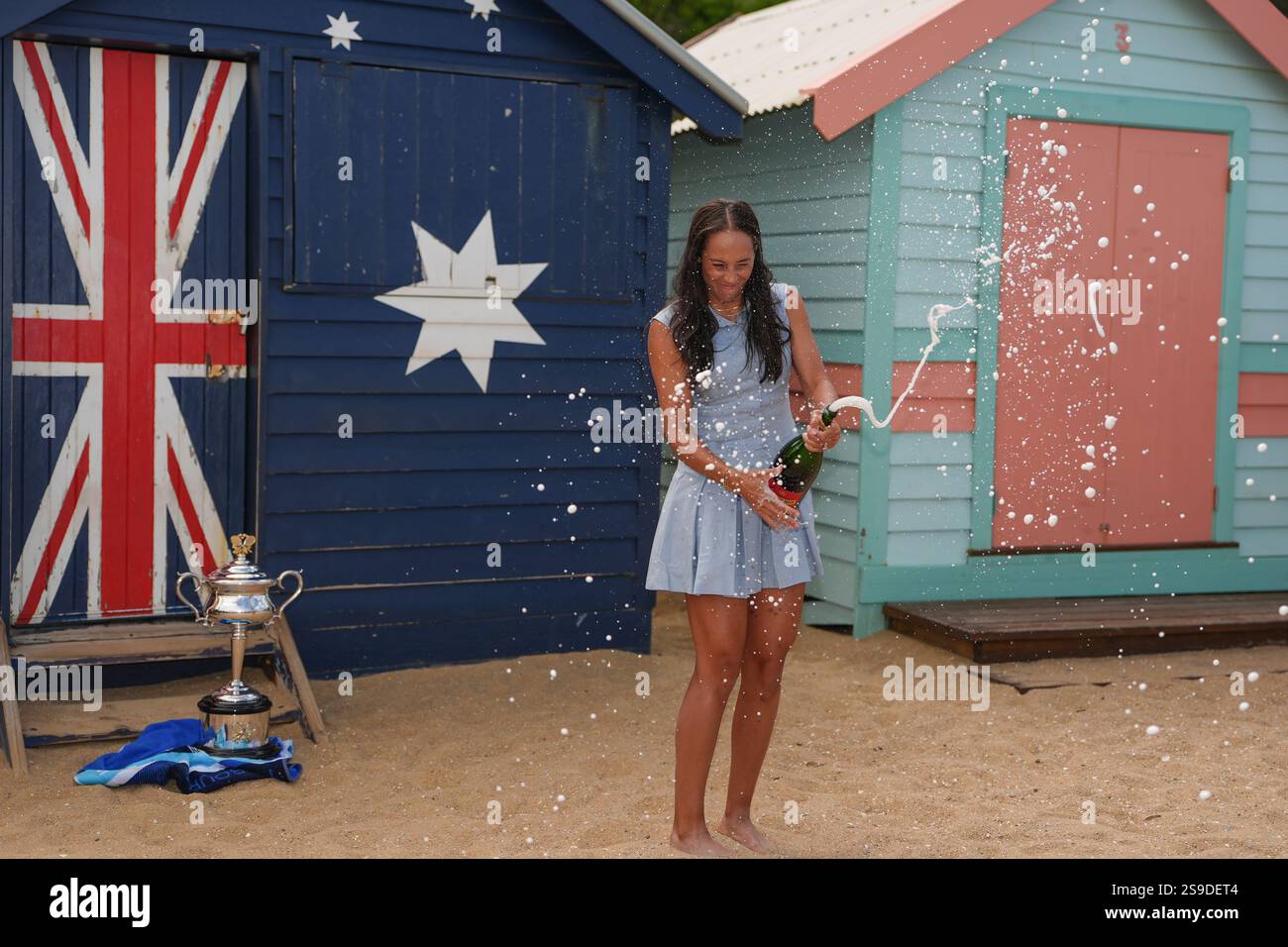 Madison Keys of the U.S. sprays champagne at Brighton Beach the morning ...